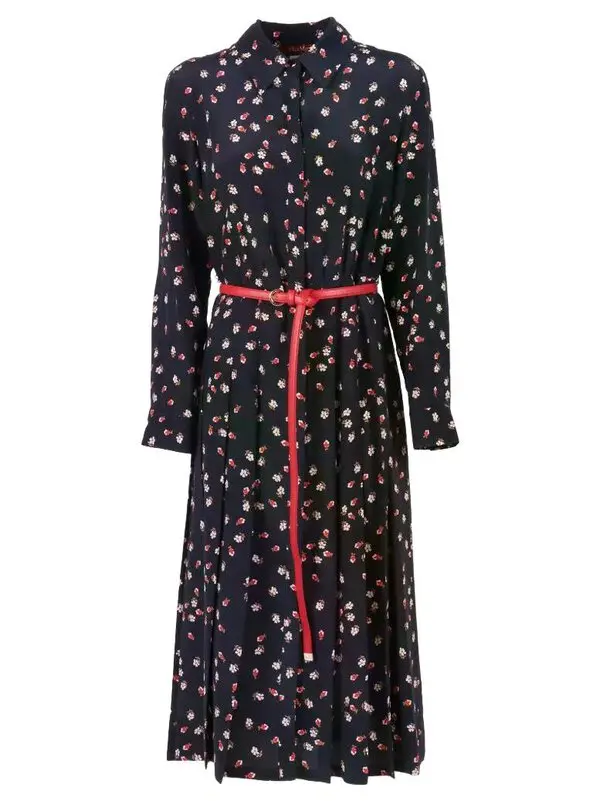 Max Mara Floral Belted Silk Shirt Dress - Blue