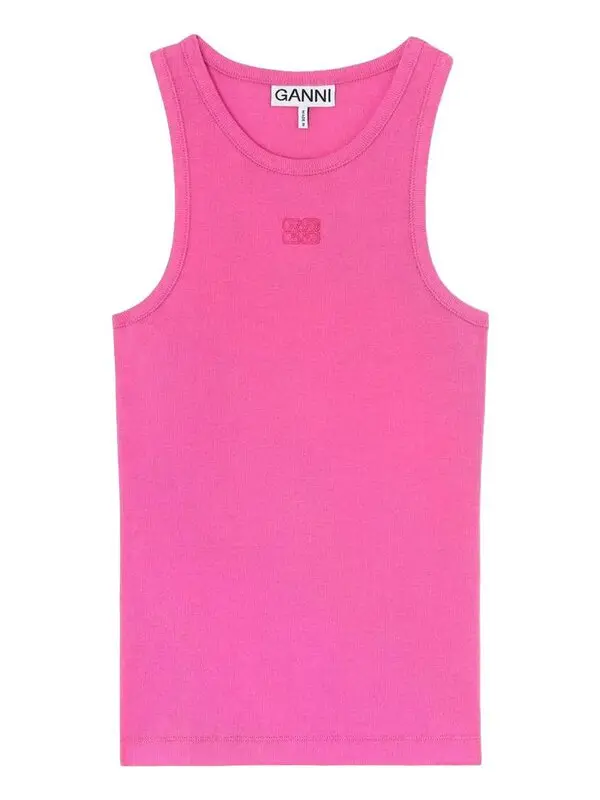 GANNI Logo-patch Ribbed Tank Top - Pink