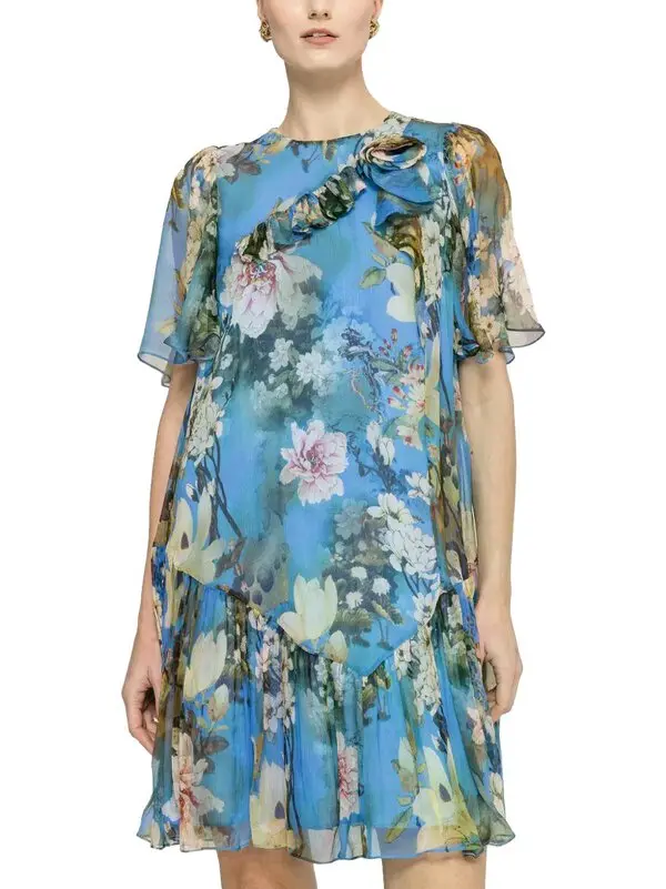 NISSA Floral Ruffled Silk Mini Dress - Blue