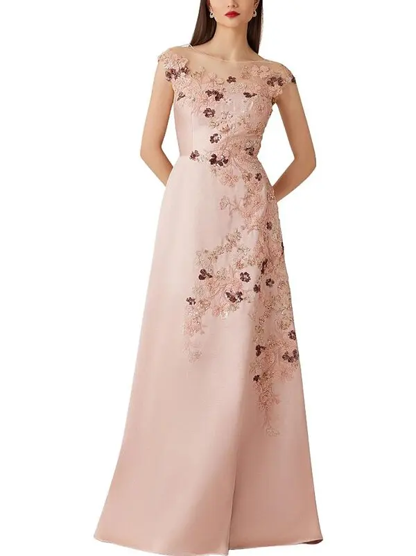 Rickie Freeman For Teri Jon Metallic Jacquard Gown With Lace Applique - Rose Gold