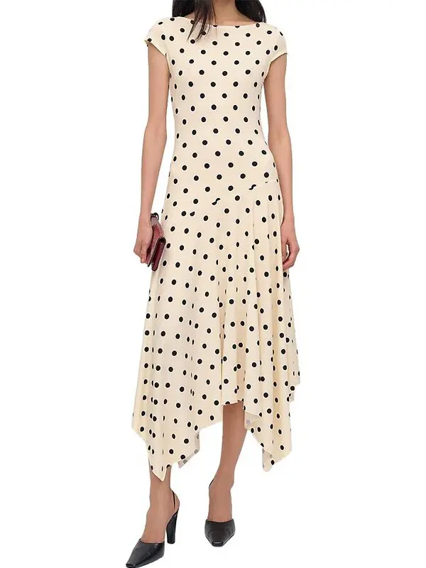REFORMATION Danica Handkerchief Hem Dress - Sundae Dot