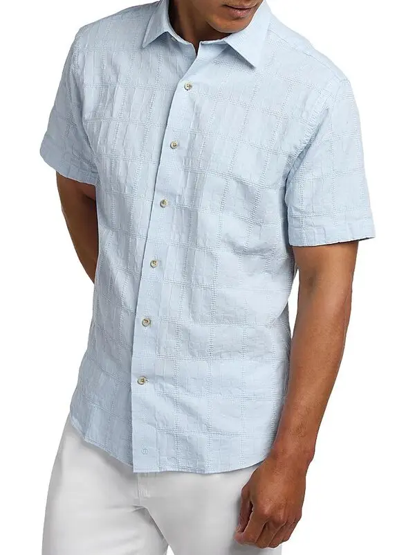 David Donahue Cotton Linen Jacquard Short Sleeve Shirt - Sky