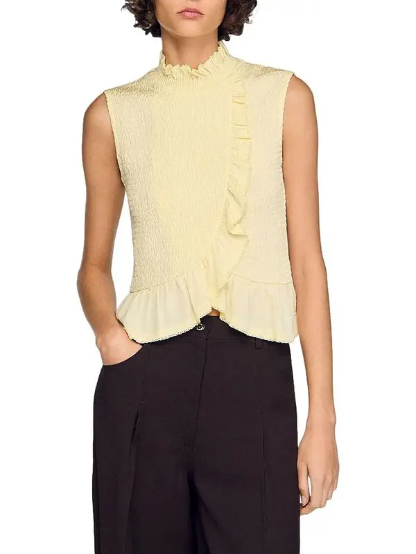 Sandro Ruffled Smocked Top - Light Yellow