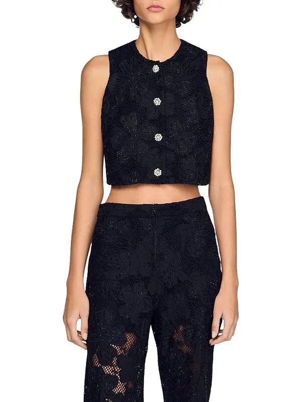 Sandro Embroidered Guipure Lace Crop Top - Black