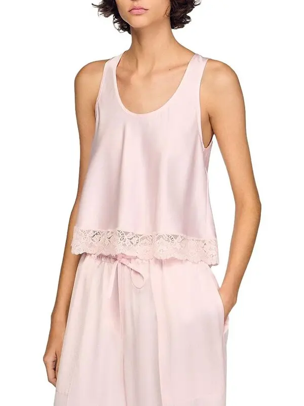 Sandro Satin Top With Lace Trim - Light Pink