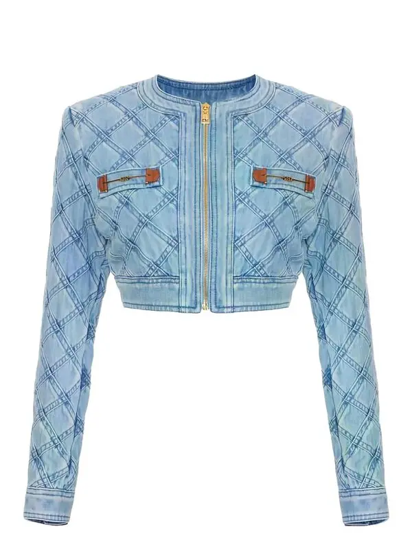 Elisabetta Franchi Diamond Horsebit Denim Cropped Jacket - Blue