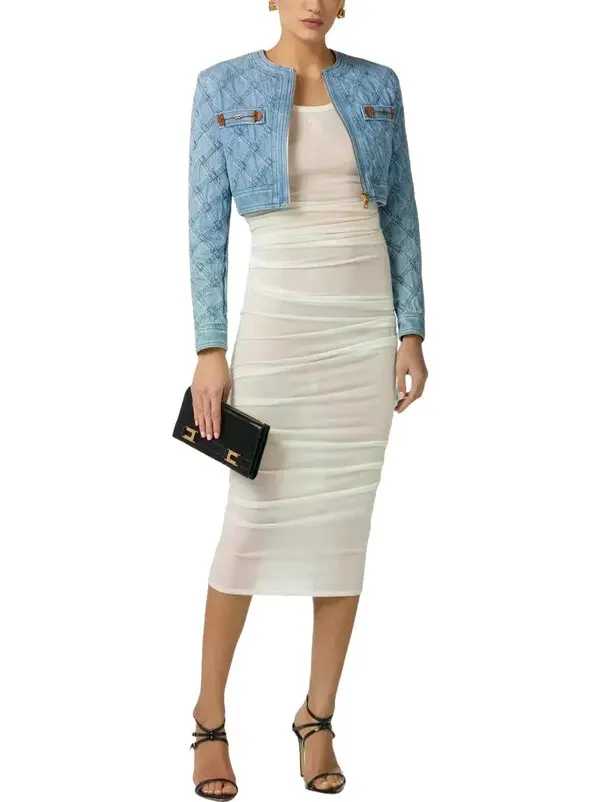 Elisabetta Franchi Diamond Horsebit Denim Cropped Jacket - Blue