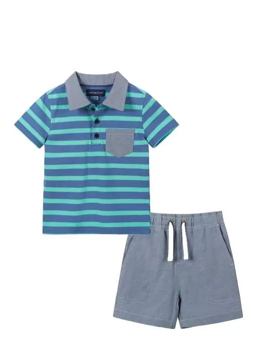 Andy & Evan Striped Cotton Piqué Polo & Shorts Set - Blue Stripe