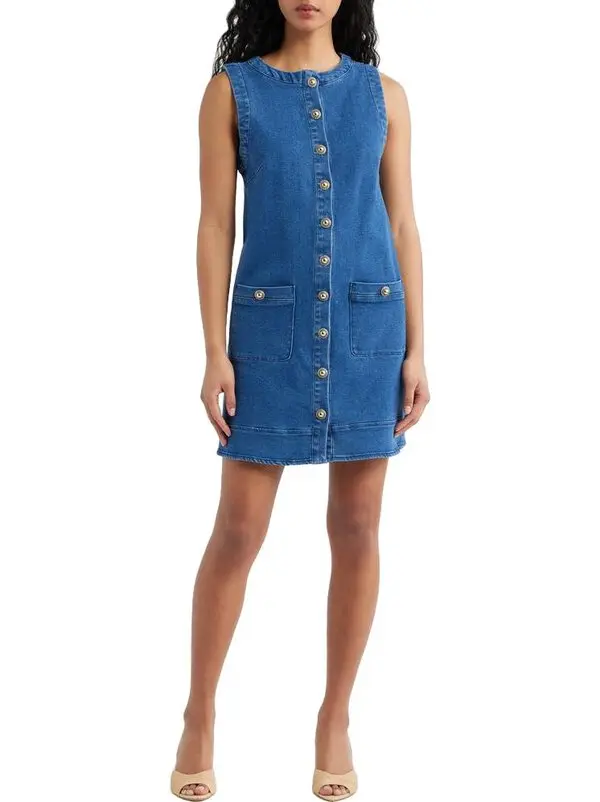 FLYING TOMATO Button-up Denim Mini Shift Dress - Medium Indigo