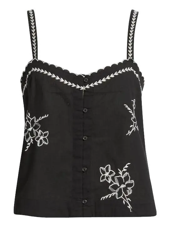 The Great. Floral Embroidered Button-up Top - Black