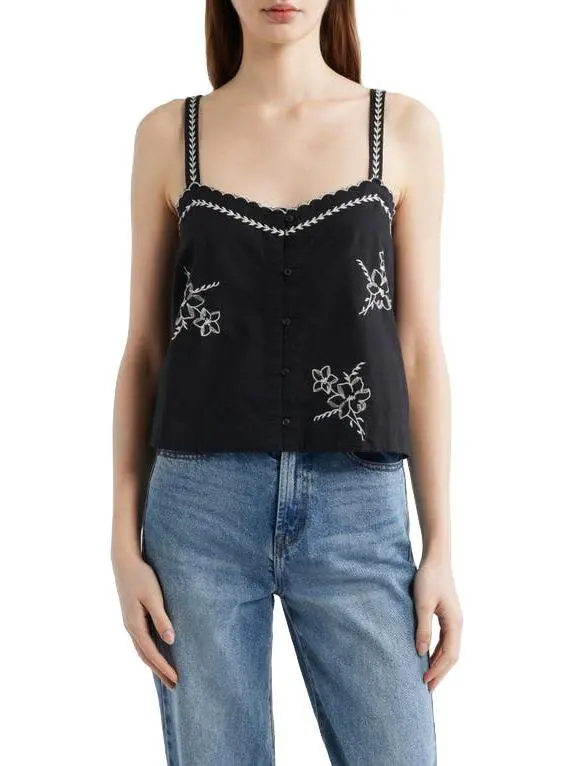 The Great. Floral Embroidered Button-up Top - Black