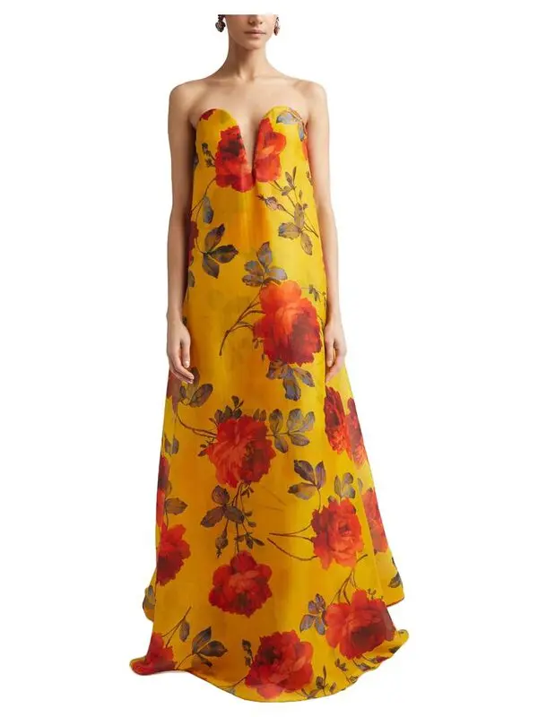 Carolina Herrera Rose Print Strapless Silk Organza Gown - Saffron Multi