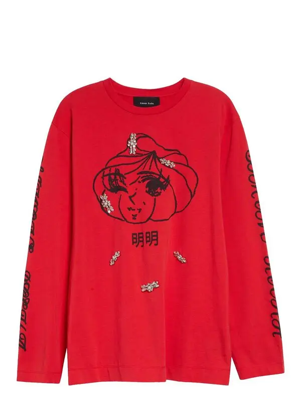 Simone Rocha Dim Sum Logo Long Sleeve Cotton Graphic T-shirt - Red/black/pearl/clear