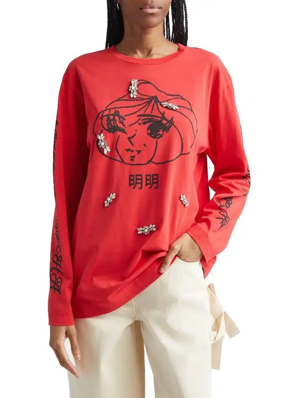 Simone Rocha Dim Sum Logo Long Sleeve Cotton Graphic T-shirt - Red/black/pearl/clear