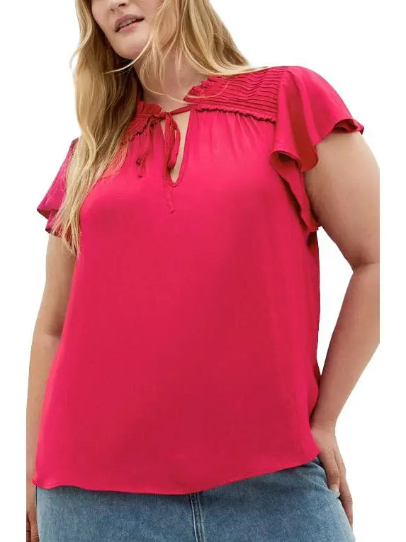 City Chic Woven Shirt With Ruffle Cap Sleeves - Raspberry