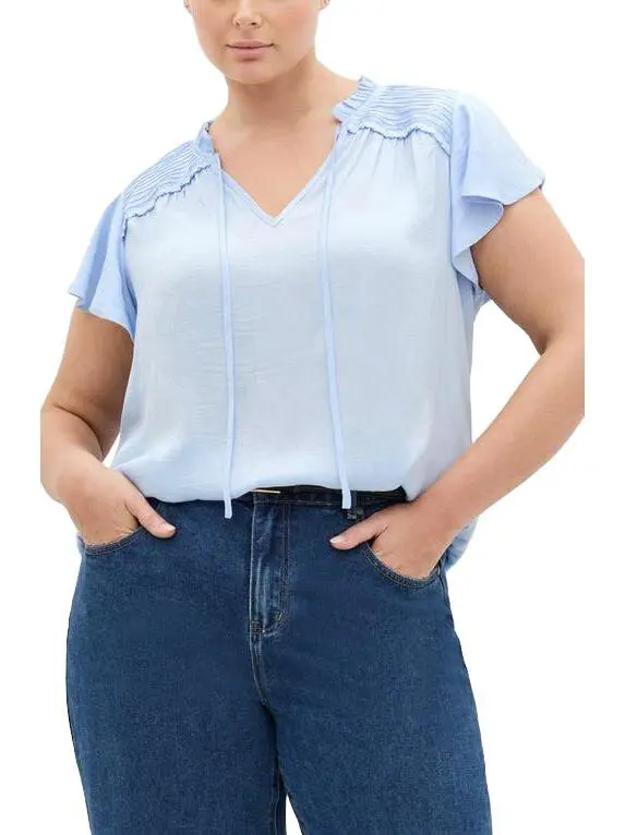 City Chic Woven Shirt With Ruffle Cap Sleeves - Sky