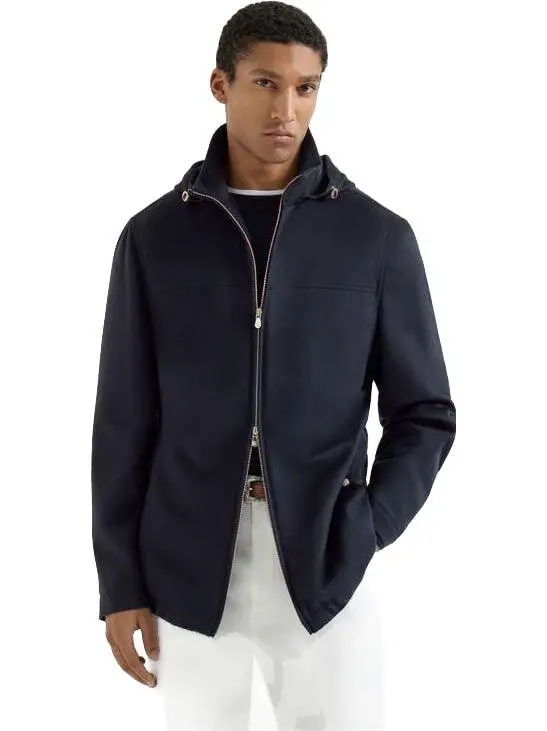 Brunello Cucinelli Lightweight Cashmere Flannel Biker Jacket - Navy Blue