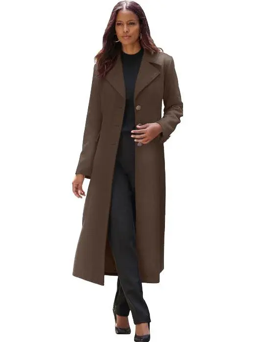 Roaman's Long Tailored Wool Blend Overcoat - Chocolate