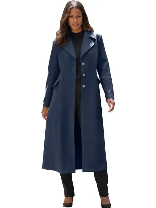 Roaman's Long Tailored Wool Blend Overcoat - Navy