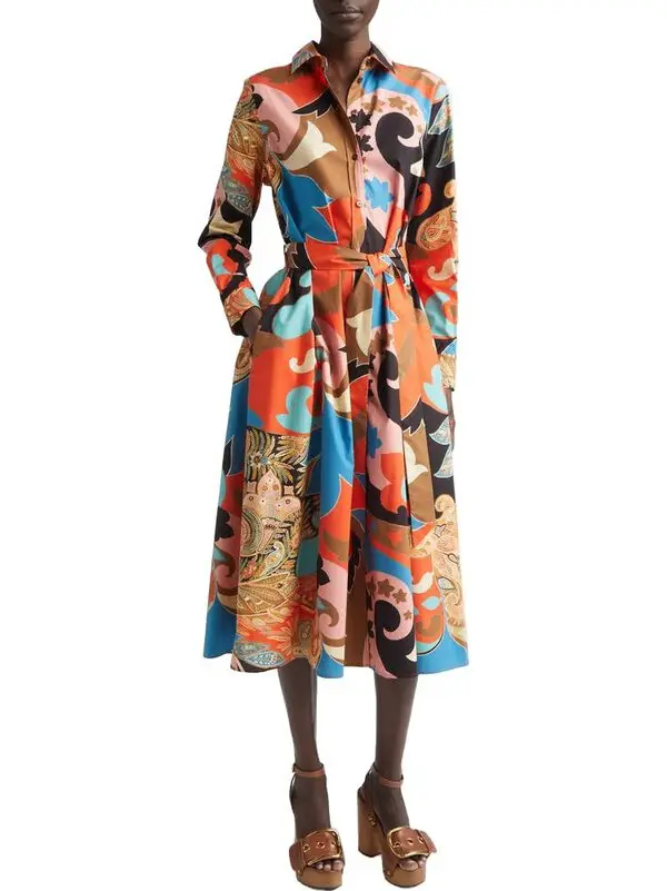 Etro Paisley Lotus Print Long Sleeve Midi Shirt Dress - Red
