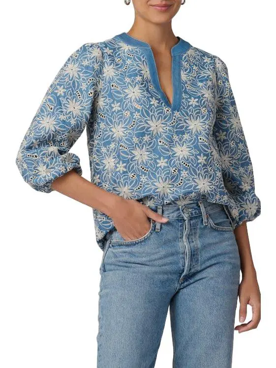 Shoshanna Embroidered Lizzie Top - Chambray/ivory