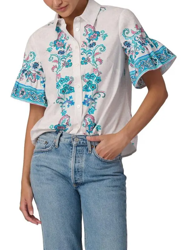 Shoshanna Tile Print Stretch Cotton Blouse - Sky Blue Multi