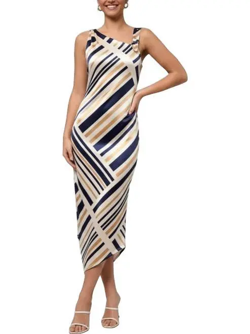 Rachel Rachel Roy Asymmetrical Neck Midi Dress - Navy Ivory Stripe