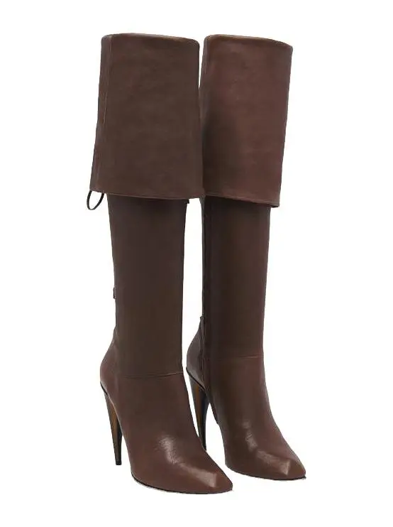 Alexander McQueen Horn Heel Leather Knee High Boots - Coffee