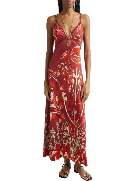 Johanna Ortiz Sendero De Astromelias Floral Maxi Dress - Wine/red