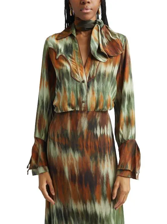 Johanna Ortiz Cabalgando Piped Silk Western Shirt - Pine Green/chocolate