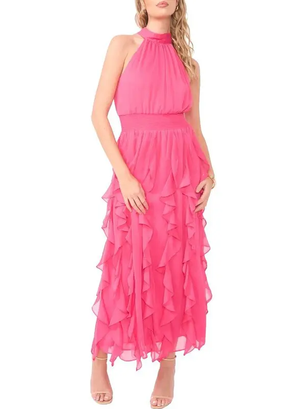 1.State Cascading Ruffle Sleeveless Maxi Dress - Pink