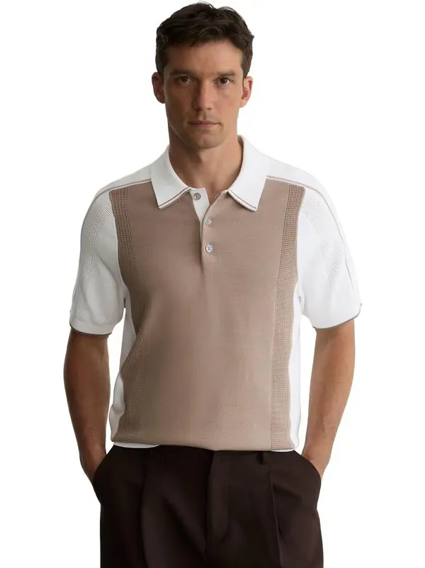 REISS Claremont Colour-block Knitted Polo Shirt - Camel/white
