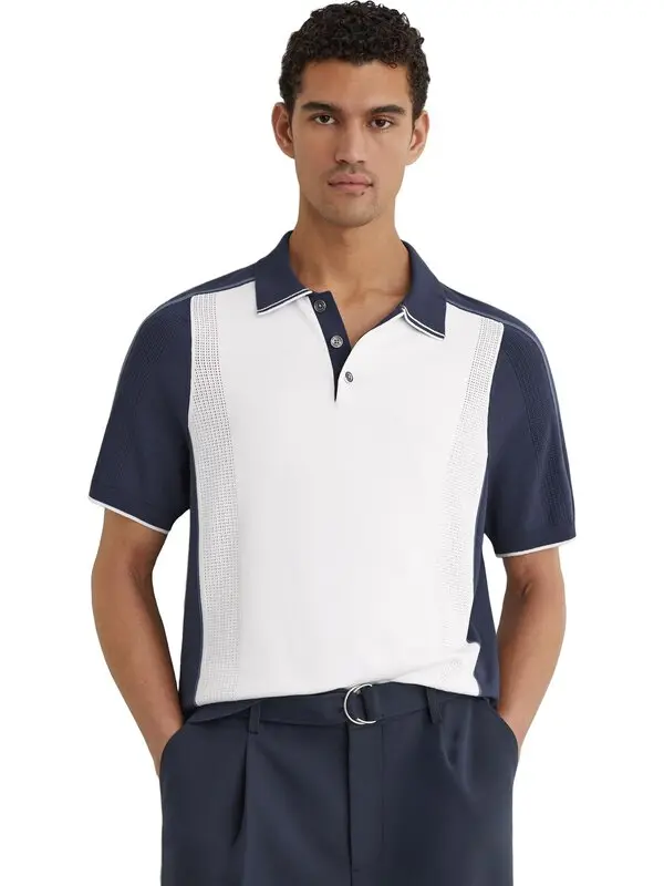 REISS Claremont Colour-block Knitted Polo Shirt - White/airforce Blue