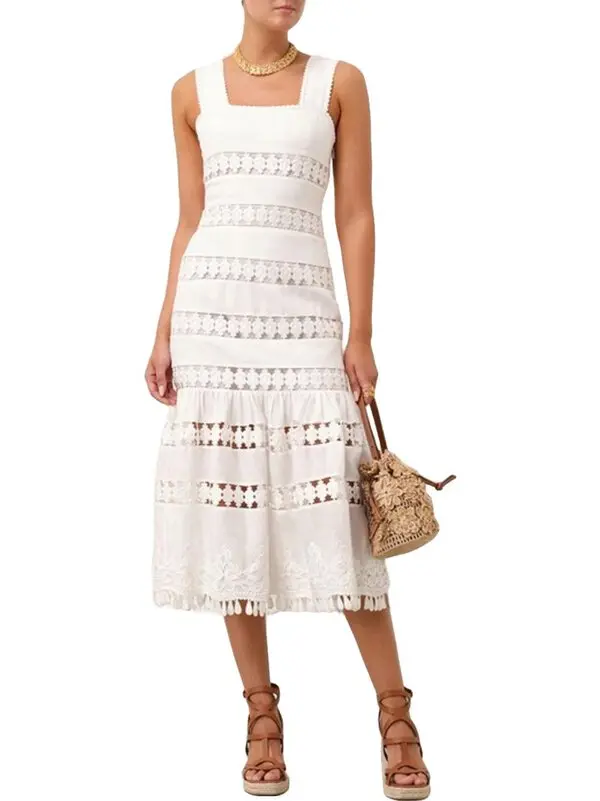 Zimmermann Pop Trimmed Linen Midi Dress - White