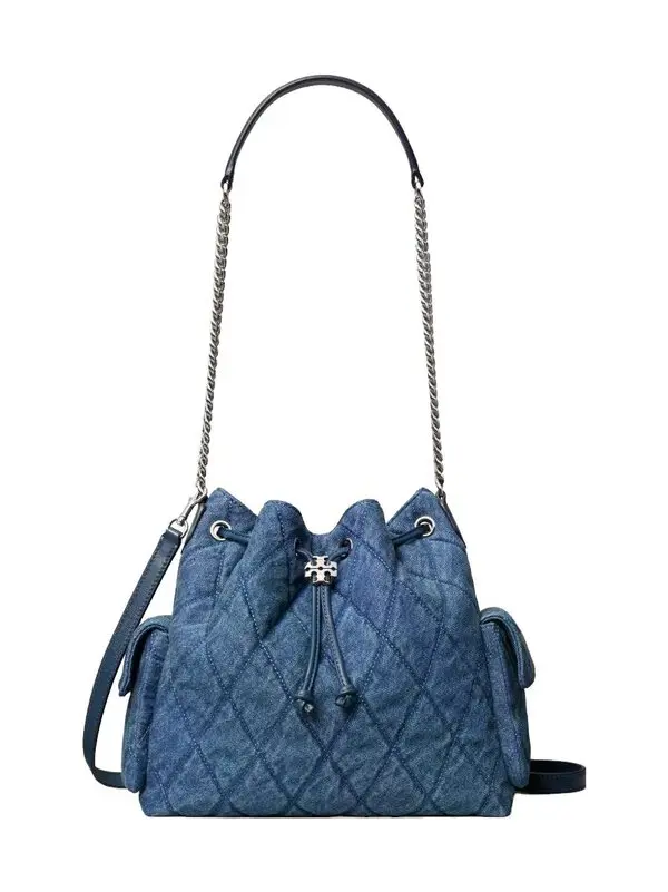 Tory Burch Charlie Quilted Denim Drawstring Shoulder Bag - Blue
