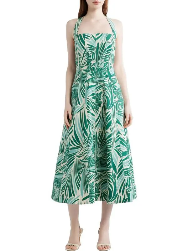 Vince Camuto Leaf Print Cotton Poplin Dress - Green Mult
