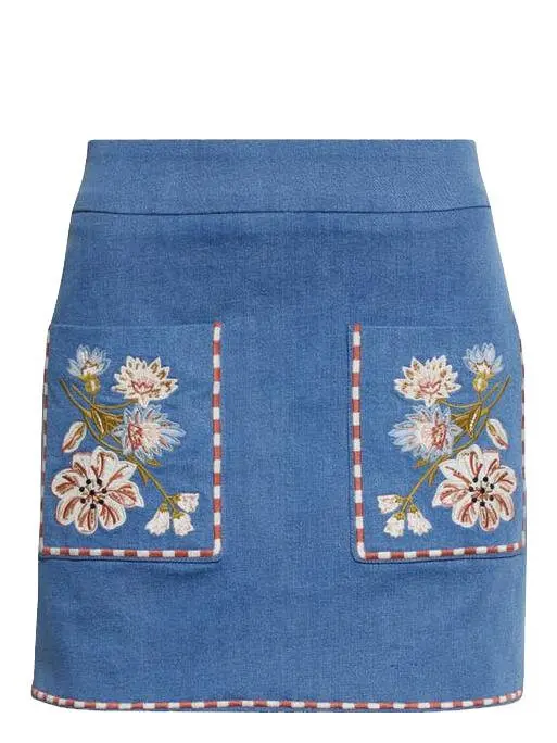 Veronica Beard Pallas Embroidered Cotton Blend Skirt - Sea Glare