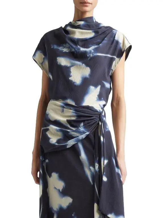 Lela Rose Abstract Floral Drape Crepe Top - Navy