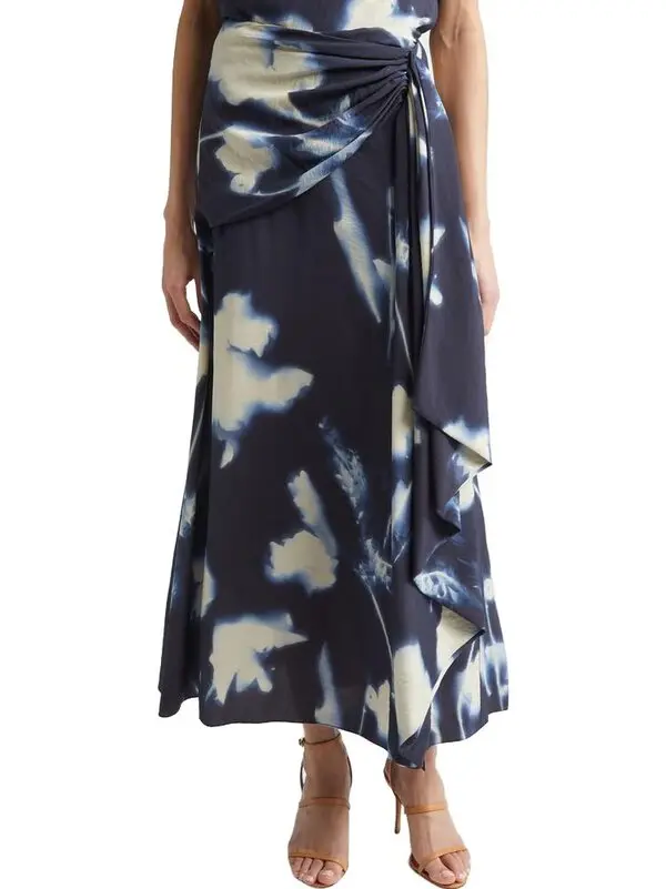 Lela Rose Abstract Floral Cascade Ruffle Crepe Skirt - Navy