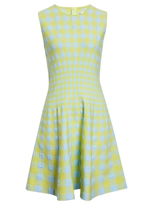 Oscar De La Renta Gingham Check Jacquard Fit & Flare Sweater Dress - Cerulean/pear
