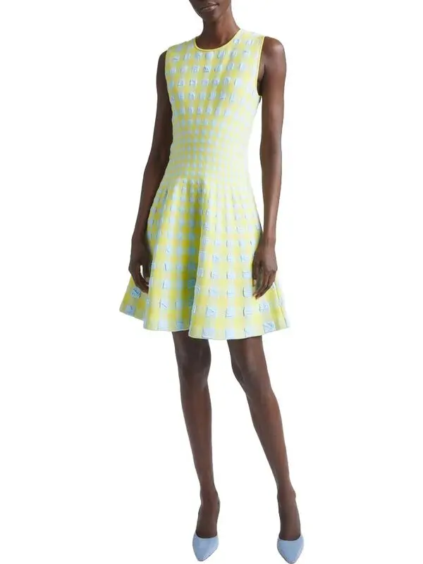 Oscar De La Renta Gingham Check Jacquard Fit & Flare Sweater Dress - Cerulean/pear