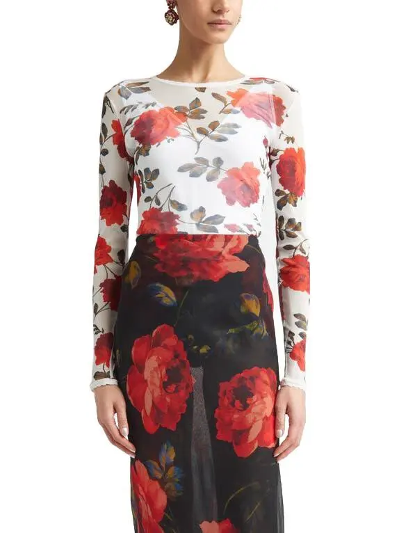 Carolina Herrera Rose Print Silk Mesh Top - Ivory Multi