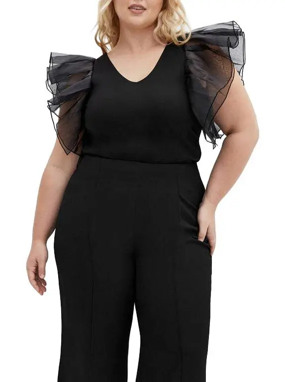City Chic Sierra Mixed Media Flutter Sleeve Top - Black