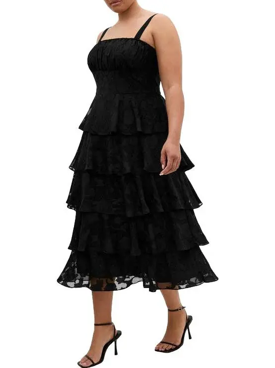 City Chic Daniela Tiered Ruffle Midi Dress - Black