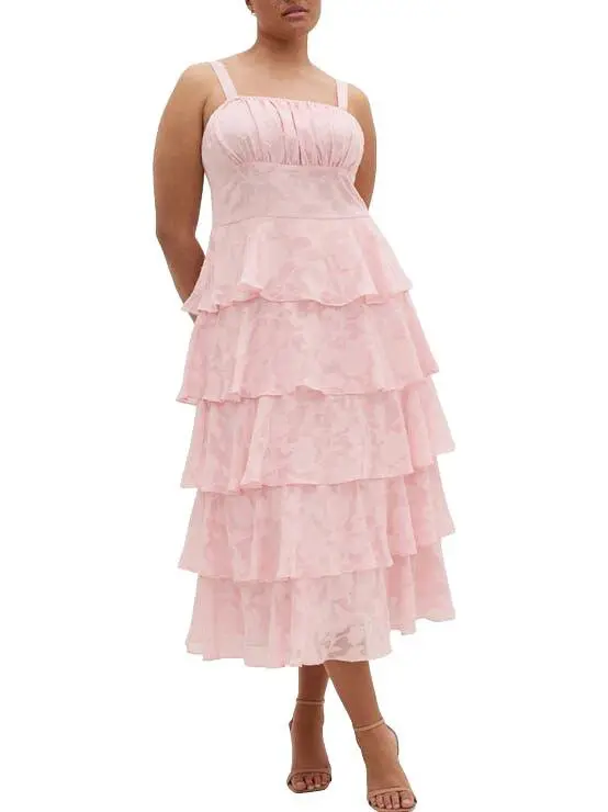 City Chic Daniela Tiered Ruffle Midi Dress - Dusty Pink