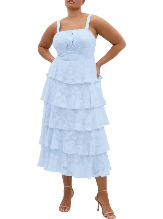 City Chic Daniela Tiered Ruffle Midi Dress - Sky Blue