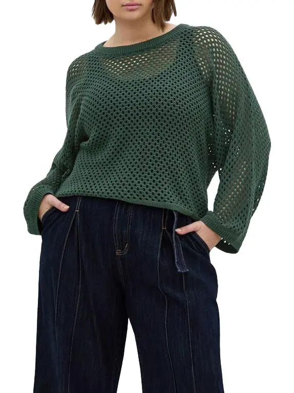 City Chic Open Stitch Long Sleeve Sweater - Forest