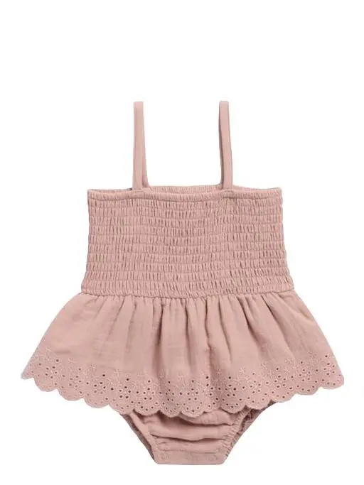 QUINCY MAE Eyelet Smocked Organic Cotton Skirted Bodysuit - Mauve