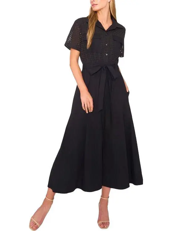 Halogen Eyelet Embroidery Midi Shirt Dress - Rich Black 060