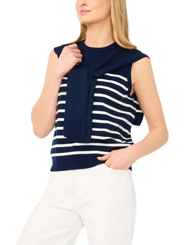 Halogen Sleeveless Striped Tie Sweater - Classic Navy